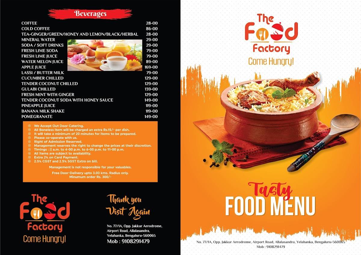 Menu at The Food Factory, Bengaluru, International Airport Road