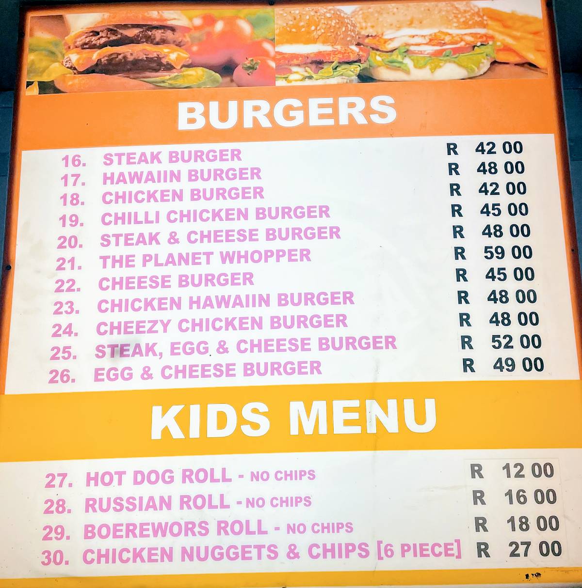 Menu at The Food Planet restaurant, Cape Town, 1 De Kock St