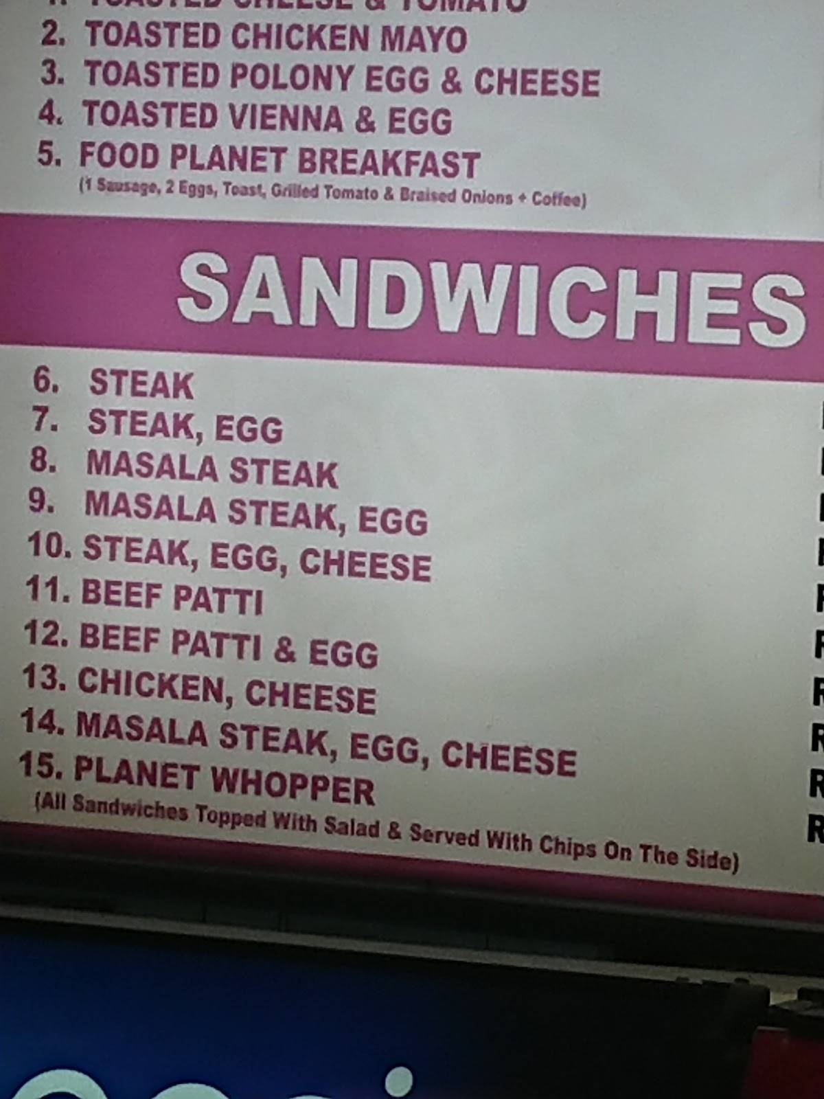 Menu at The Food Planet restaurant, Cape Town, 1 De Kock St