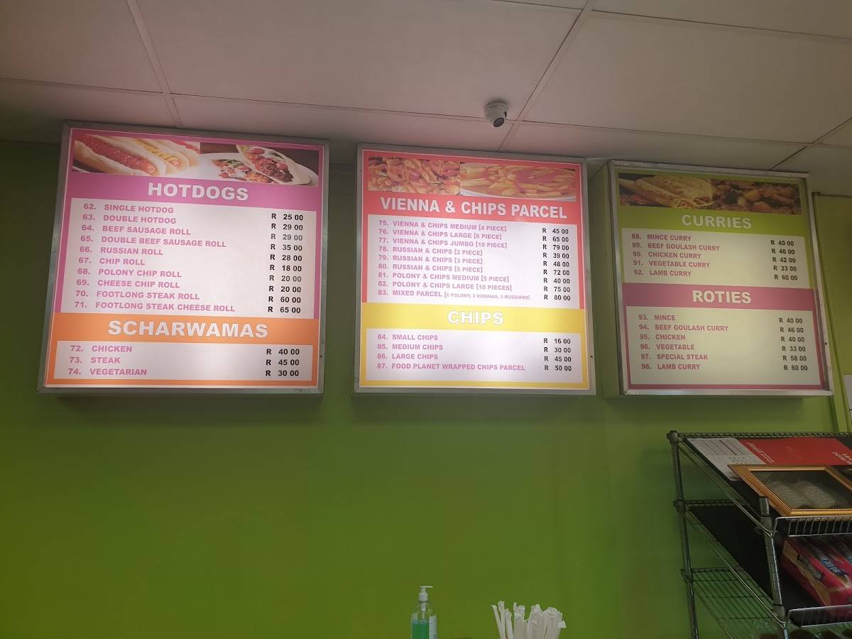 Menu at The Food Planet restaurant, Cape Town, 1 De Kock St