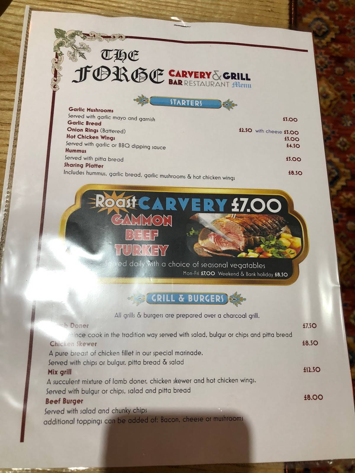 Menu at The Forge restaurant, Waltham Chase
