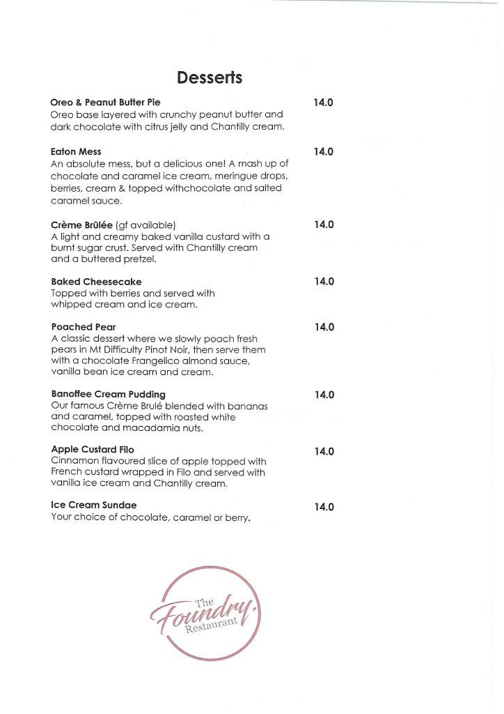 Menu at The Foundry Restaurant, Invercargill