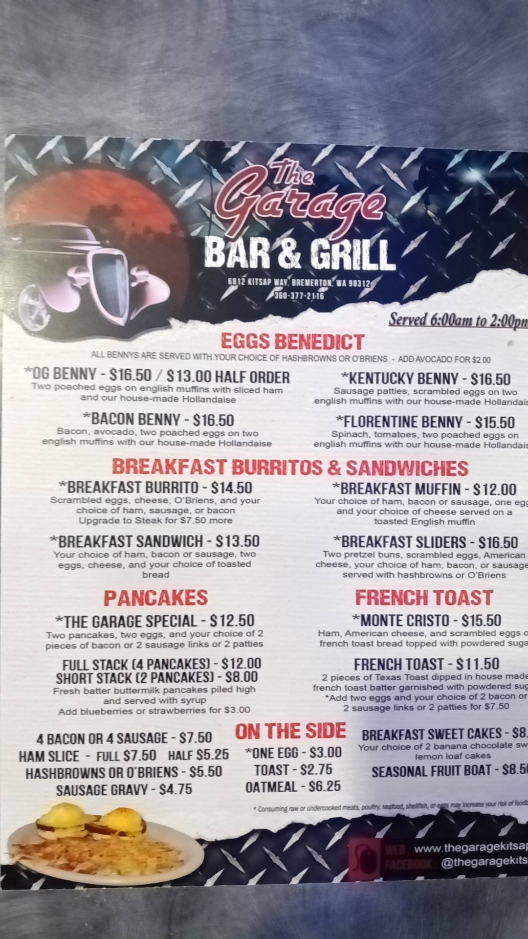 Menu at The Garage Bar & Grill, Bremerton, Kitsap Way