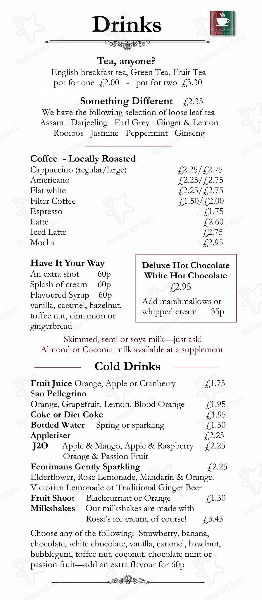 Menu at The Garden Room cafe, Hockley, Lower Road