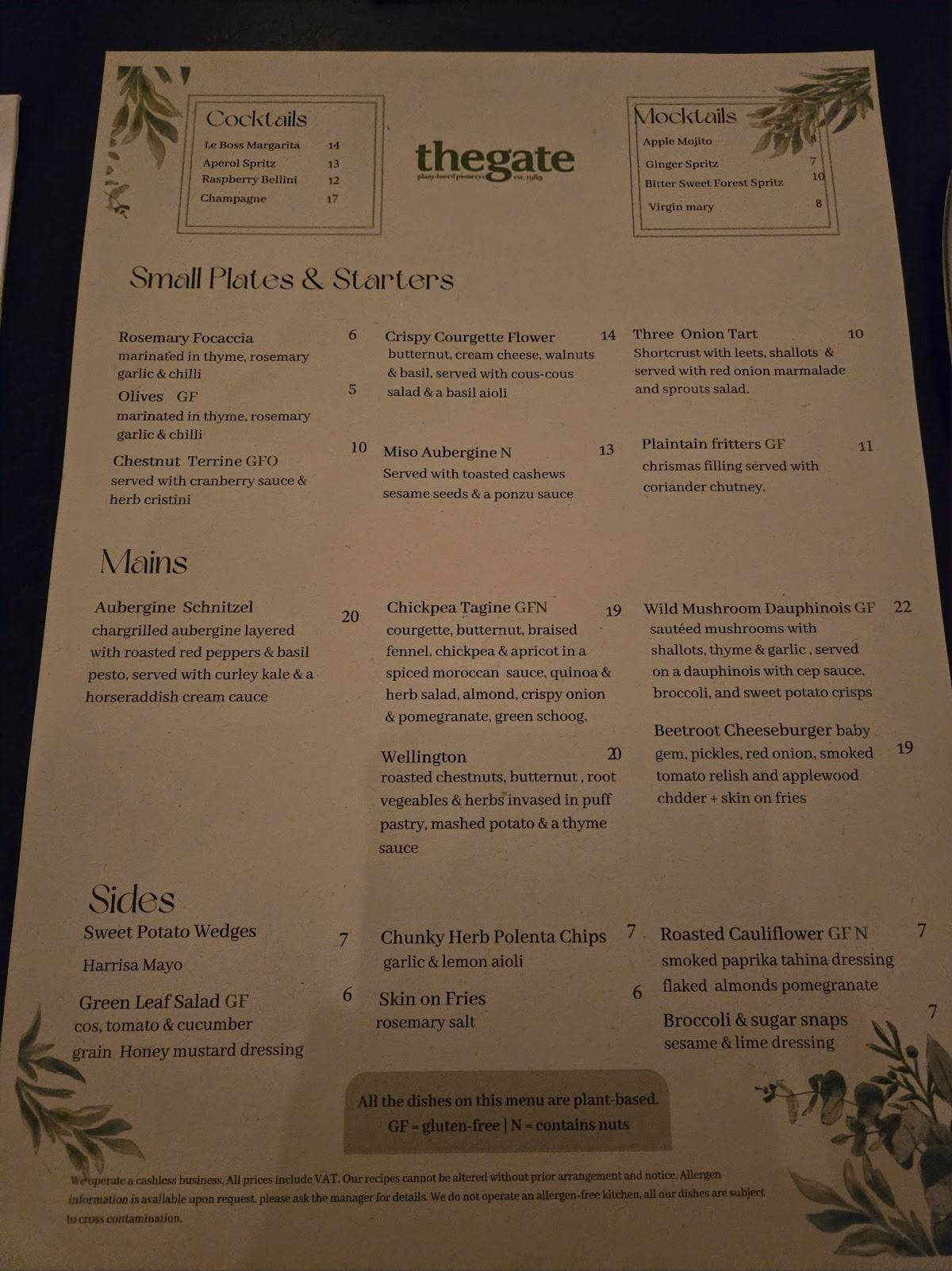 Menu at The Gate Hammersmith restaurant, London, 51 Queen Caroline St