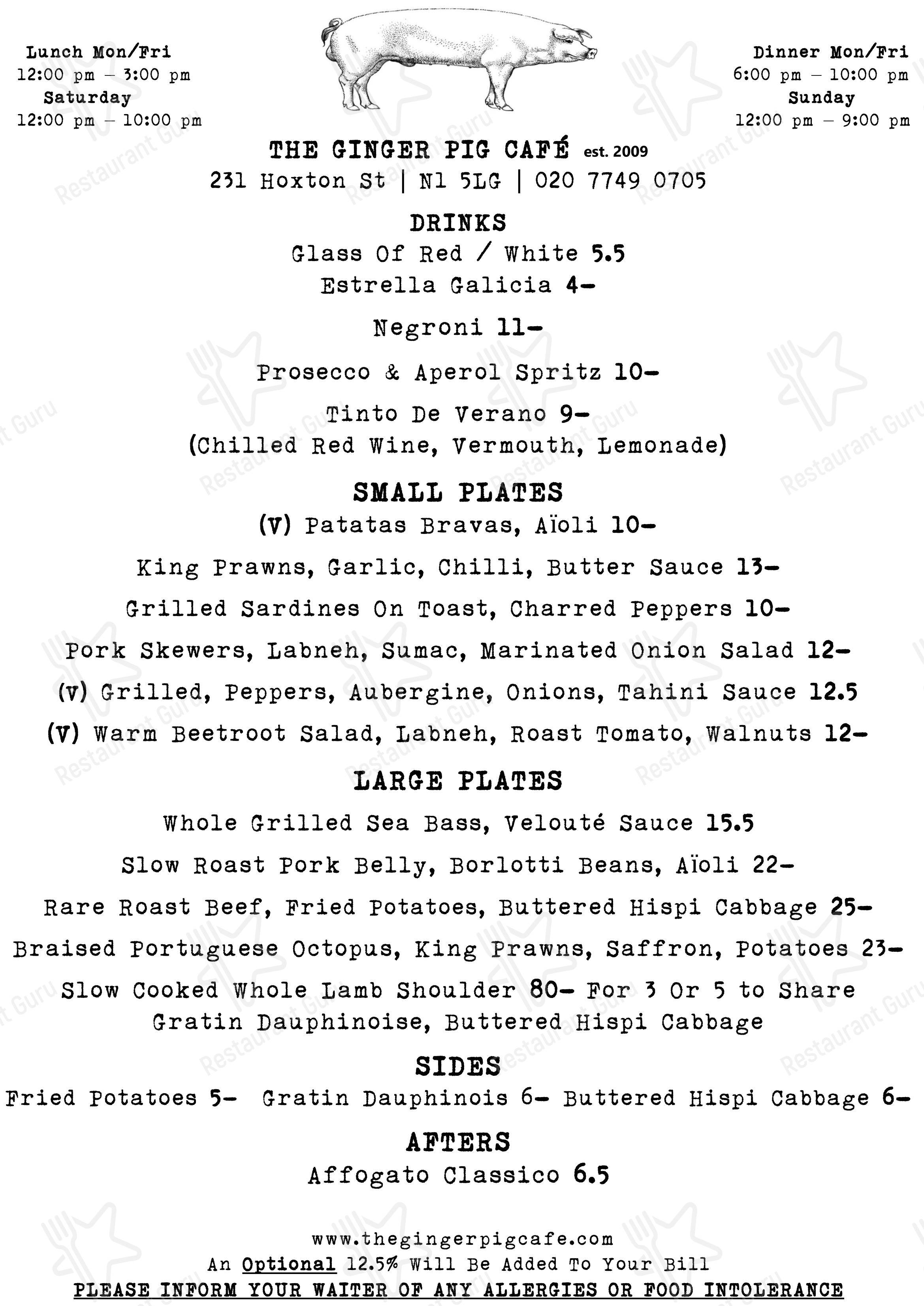 Menu at The Ginger Pig Café restaurant, London
