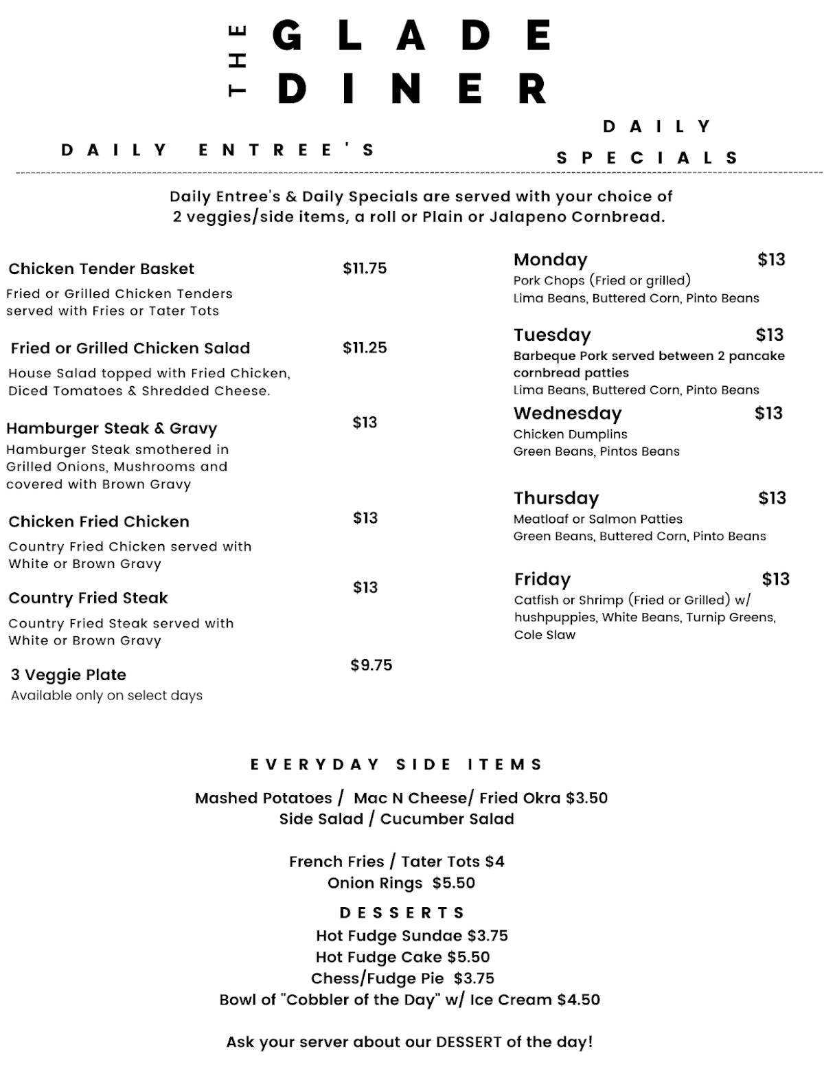 Menu at The Glade Diner restaurant, Mount Juliet