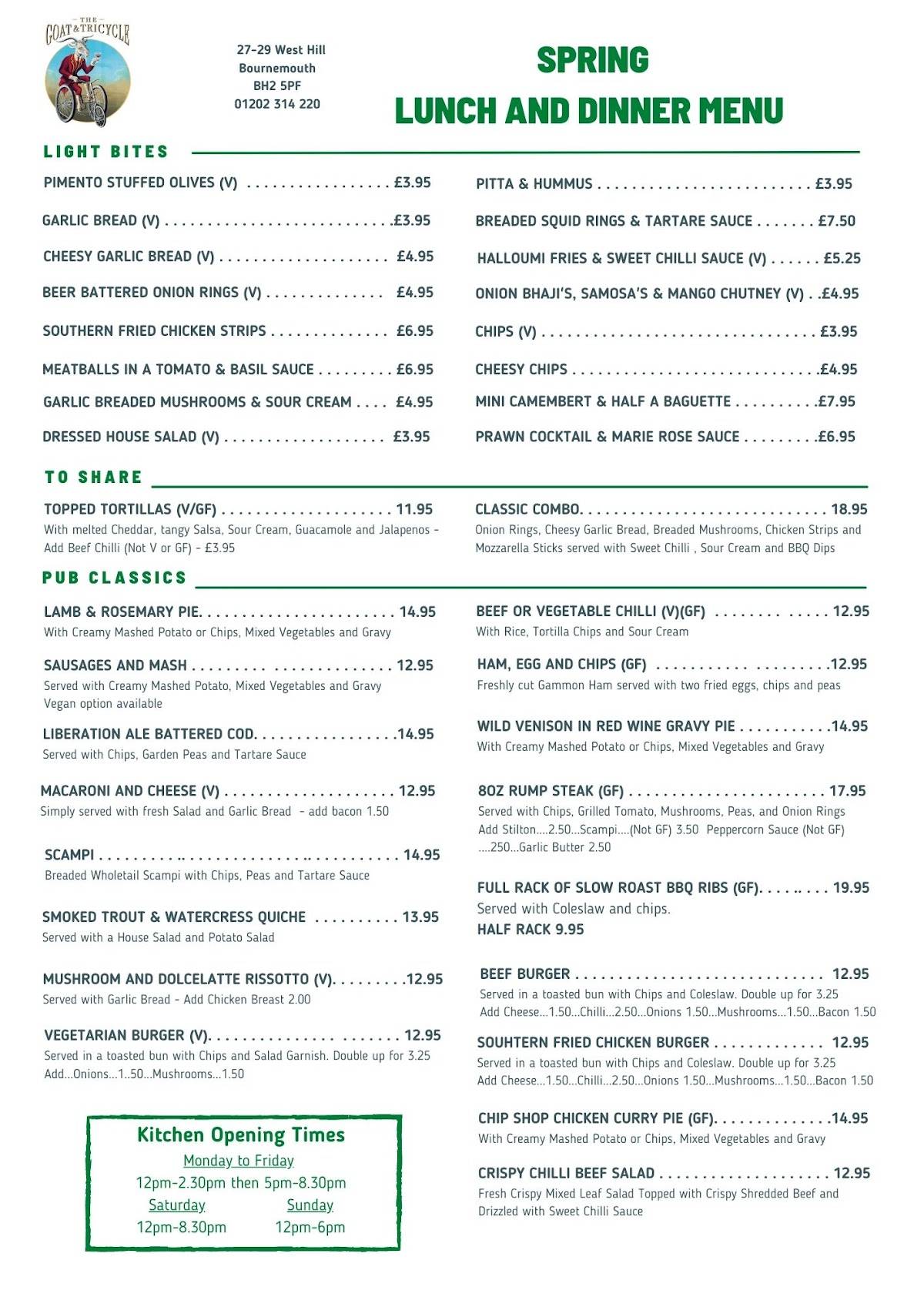 Menu at The Goat and Tricycle pub & bar, Bournemouth