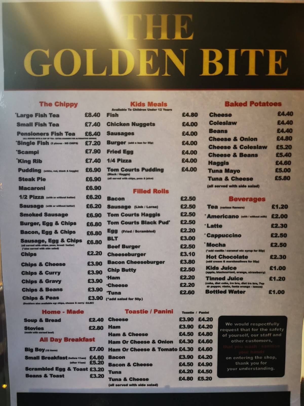 Menu at The Golden Bite cafe, Kirkcaldy