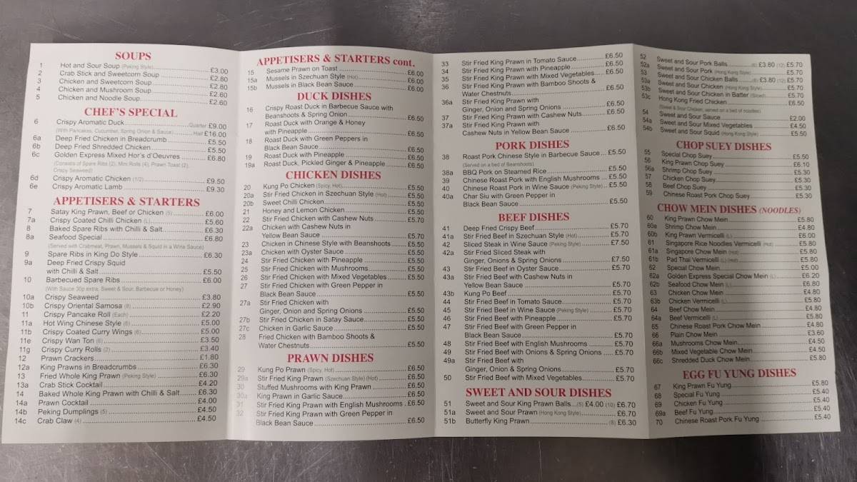 Menu at The Golden Express fast food, Grays