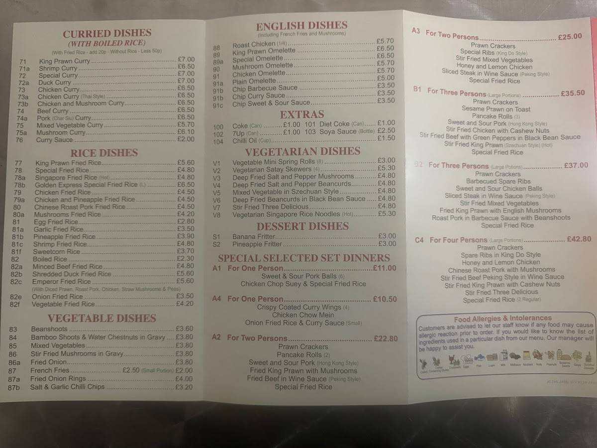Menu at The Golden Express fast food, Grays
