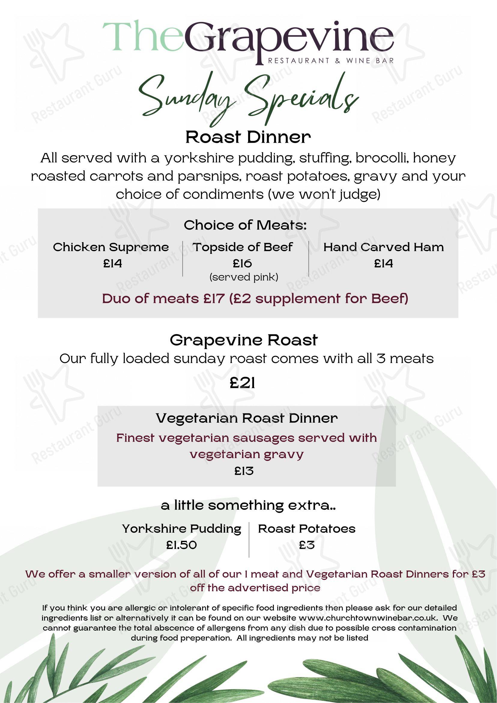 Menu at The Grapevine Restaurant, Southport