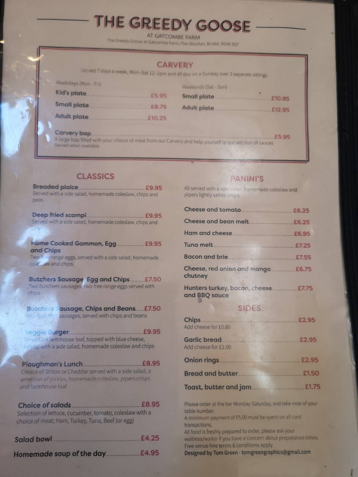 Menu at The Greedy Goose Bristol restaurant, Bristol