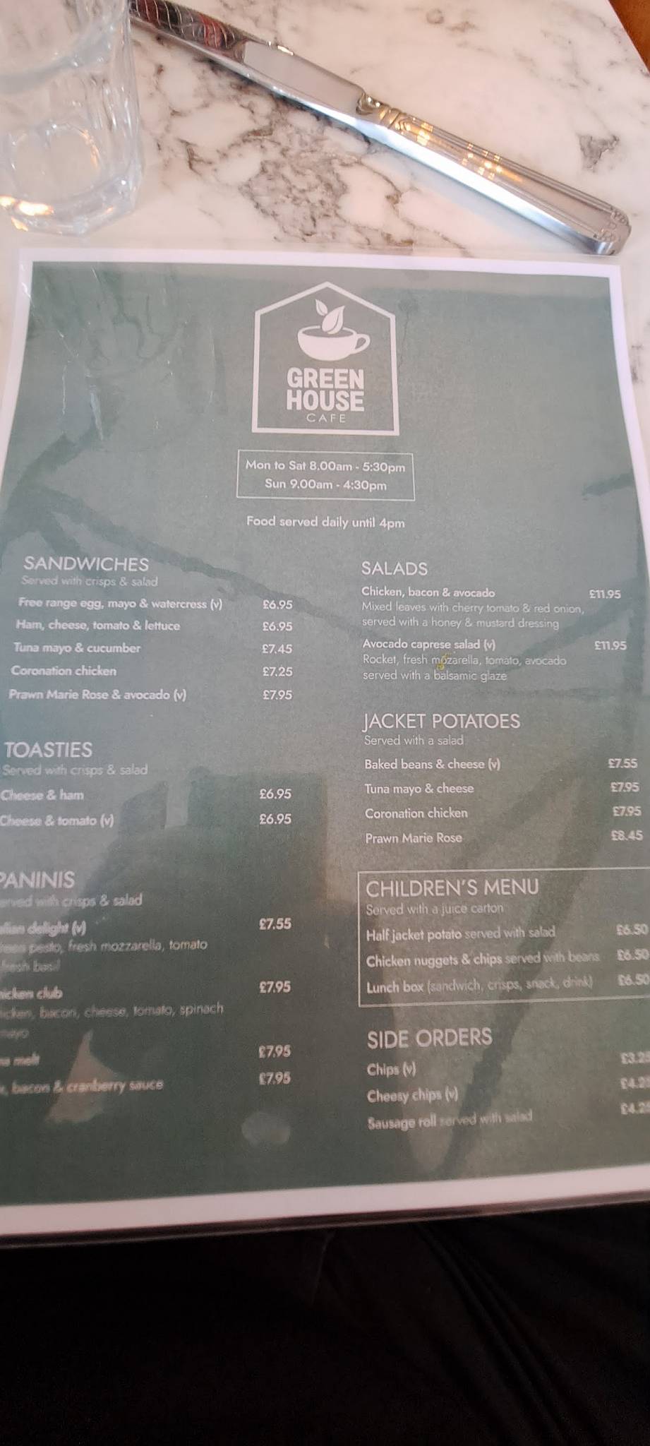 Menu at The Greenhouse Cafe, Bagshot