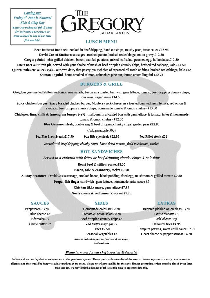 Menu at The Gregory Arms pub & bar, Grantham