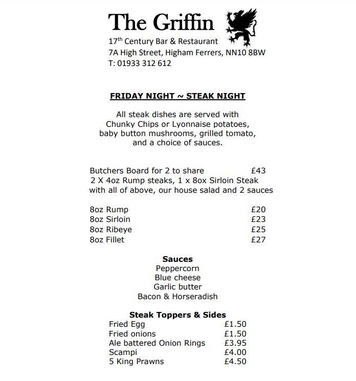 Menu at The Griffin Inn pub & bar, Rushden