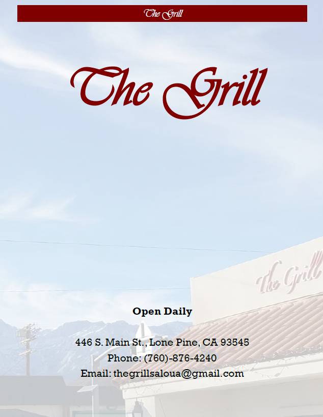 Menu at The Grill restaurant, Lone Pine