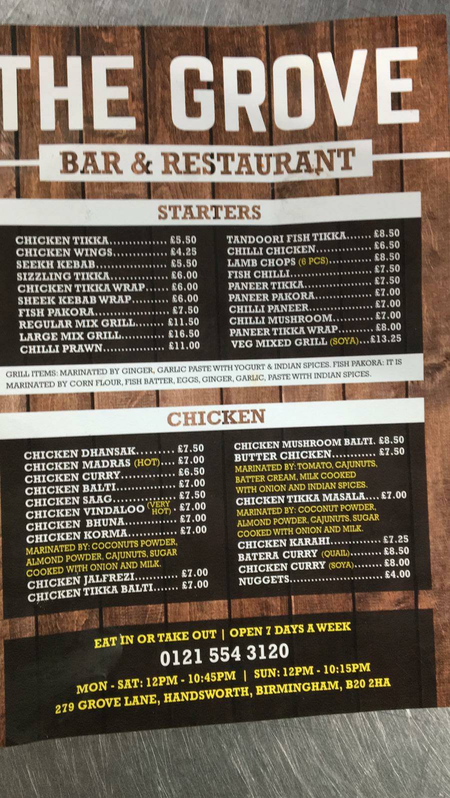Menu at The Grove Bar & Restaurant, Birmingham