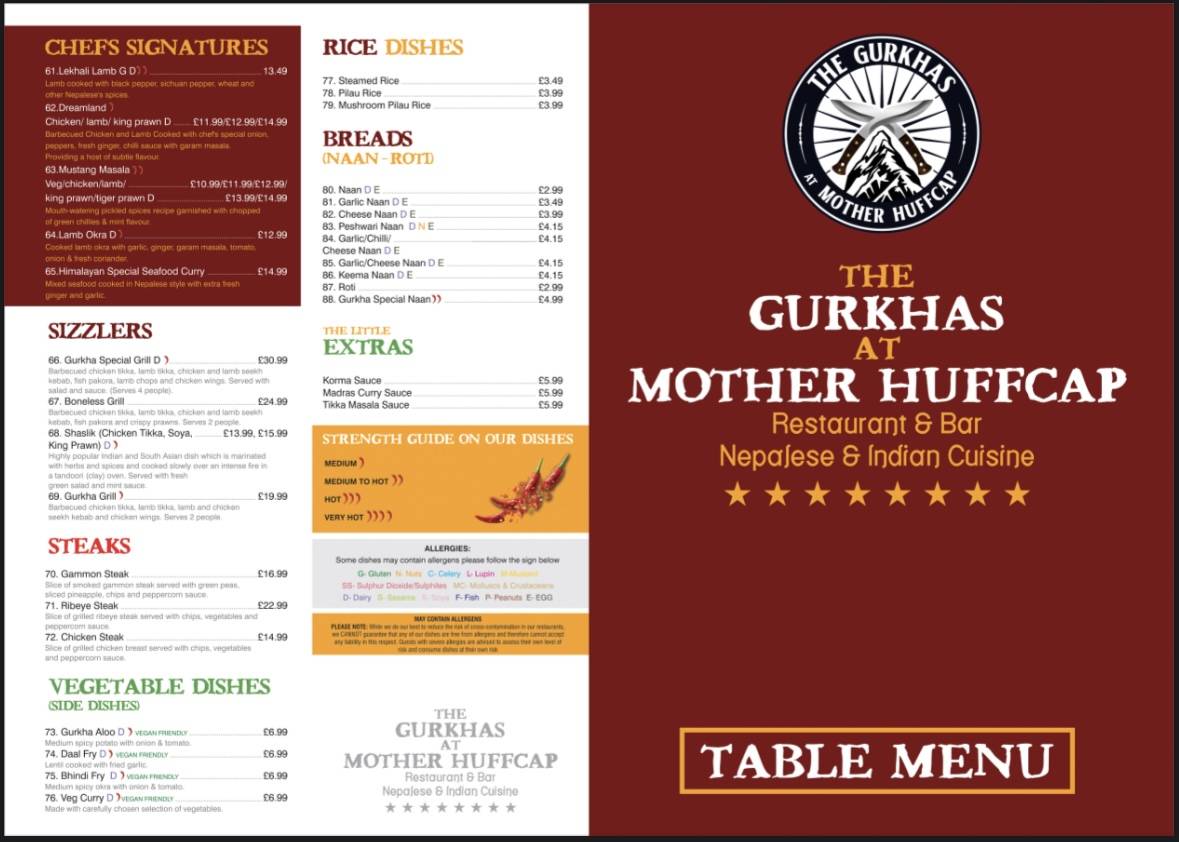 Menu at The Gurkhas at Mother Huffcap pub & bar, Alcester, Spernal Ln