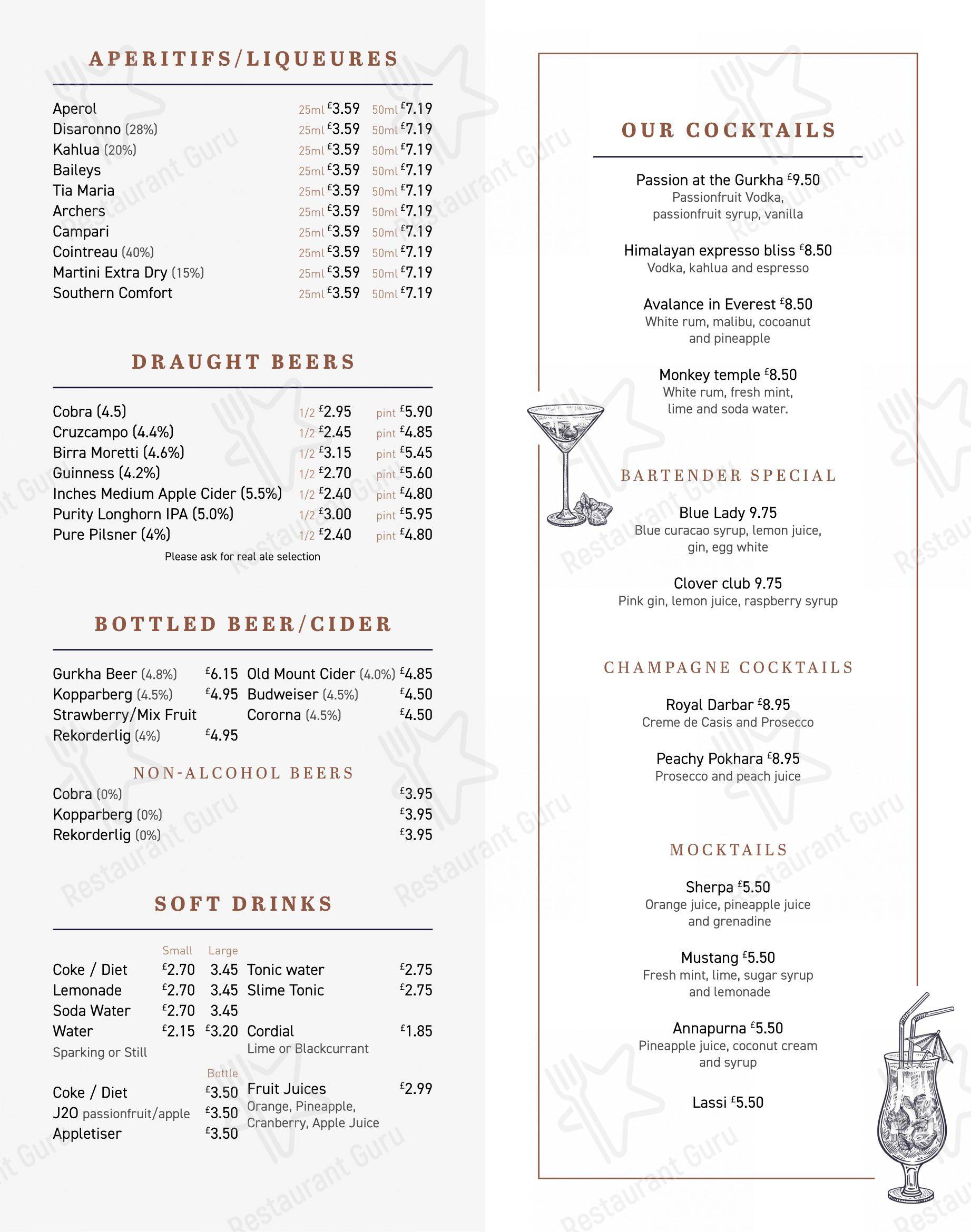 Menu at The Gurkhas at Mother Huffcap pub & bar, Alcester, Spernal Ln