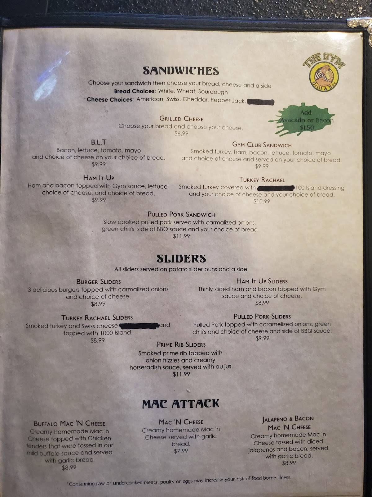 Menu at The Gym Grill and Bar, Queen Creek