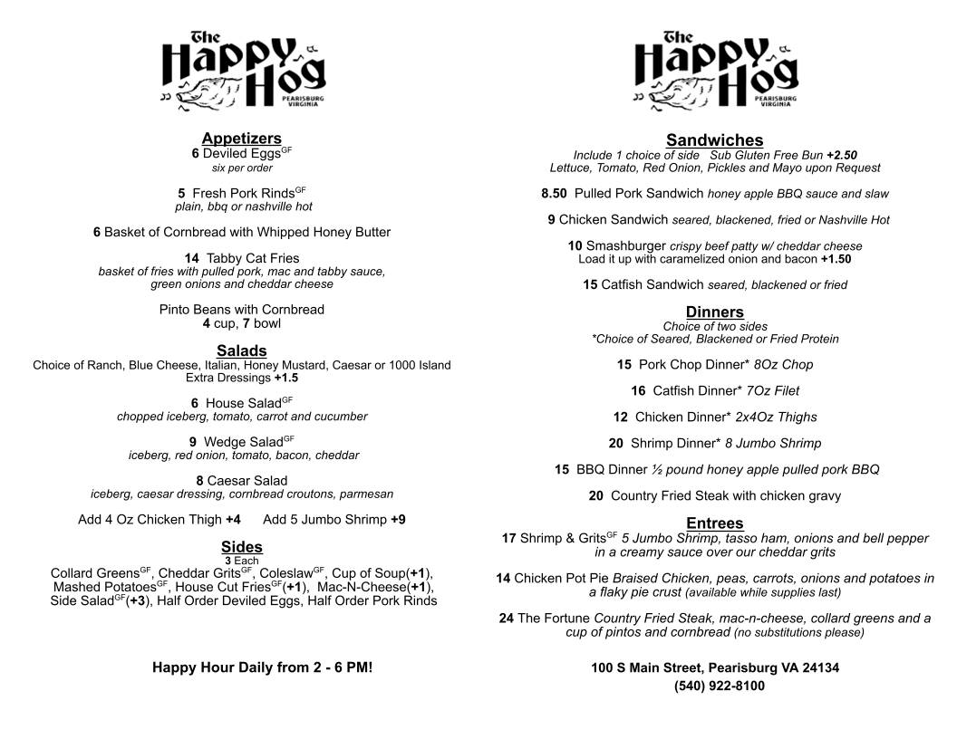Menu at The Happy Hog restaurant, Pearisburg