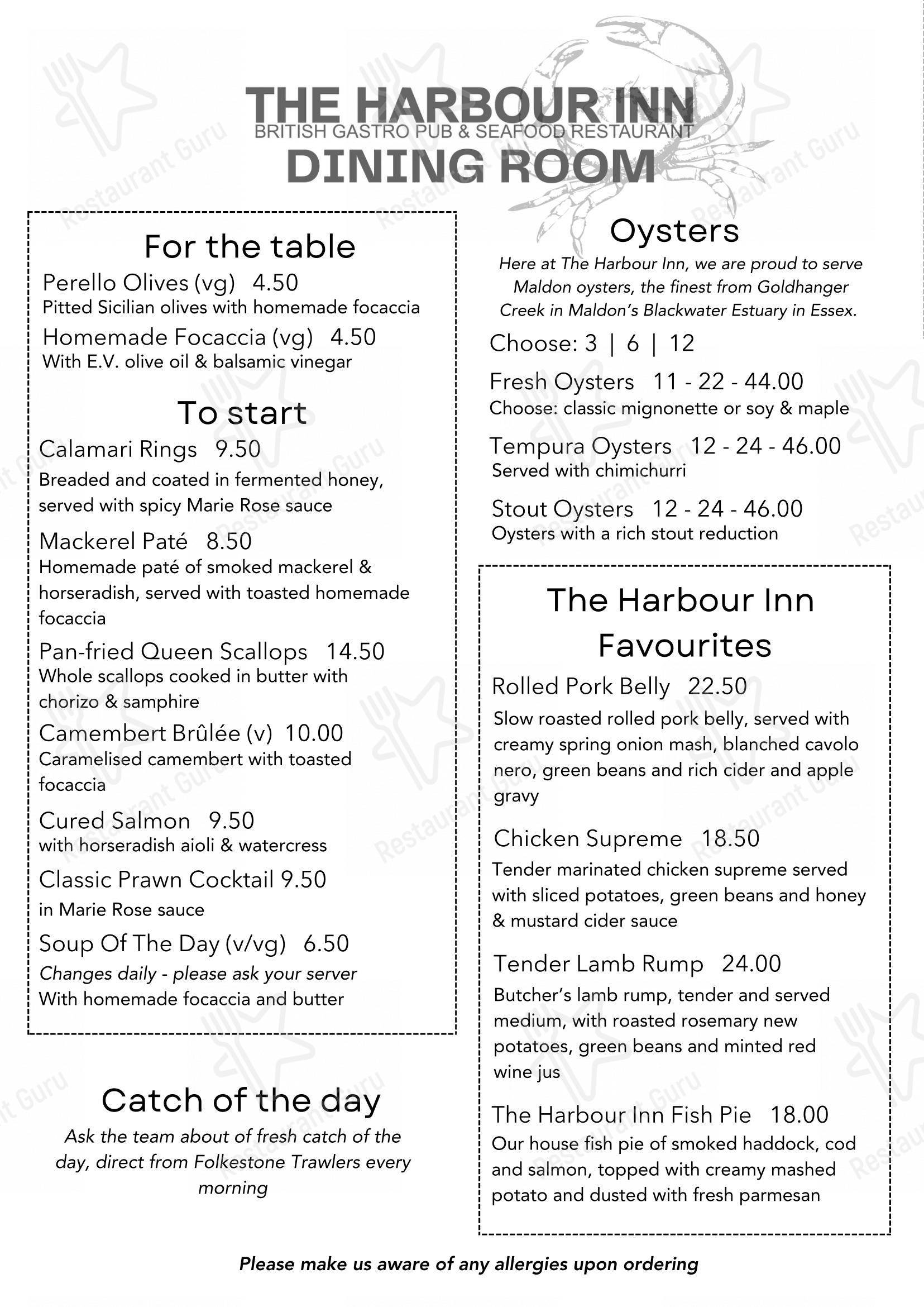 Menu at The Harbour Inn pub & bar, Folkestone