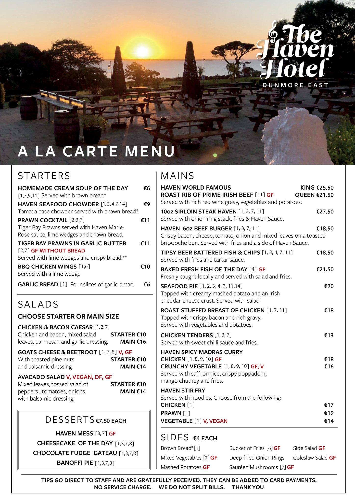 Menu at The Haven Hotel pub & bar, Dunmore East