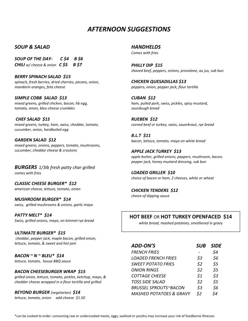 Menu at The Hen's Den restaurant, Mancelona