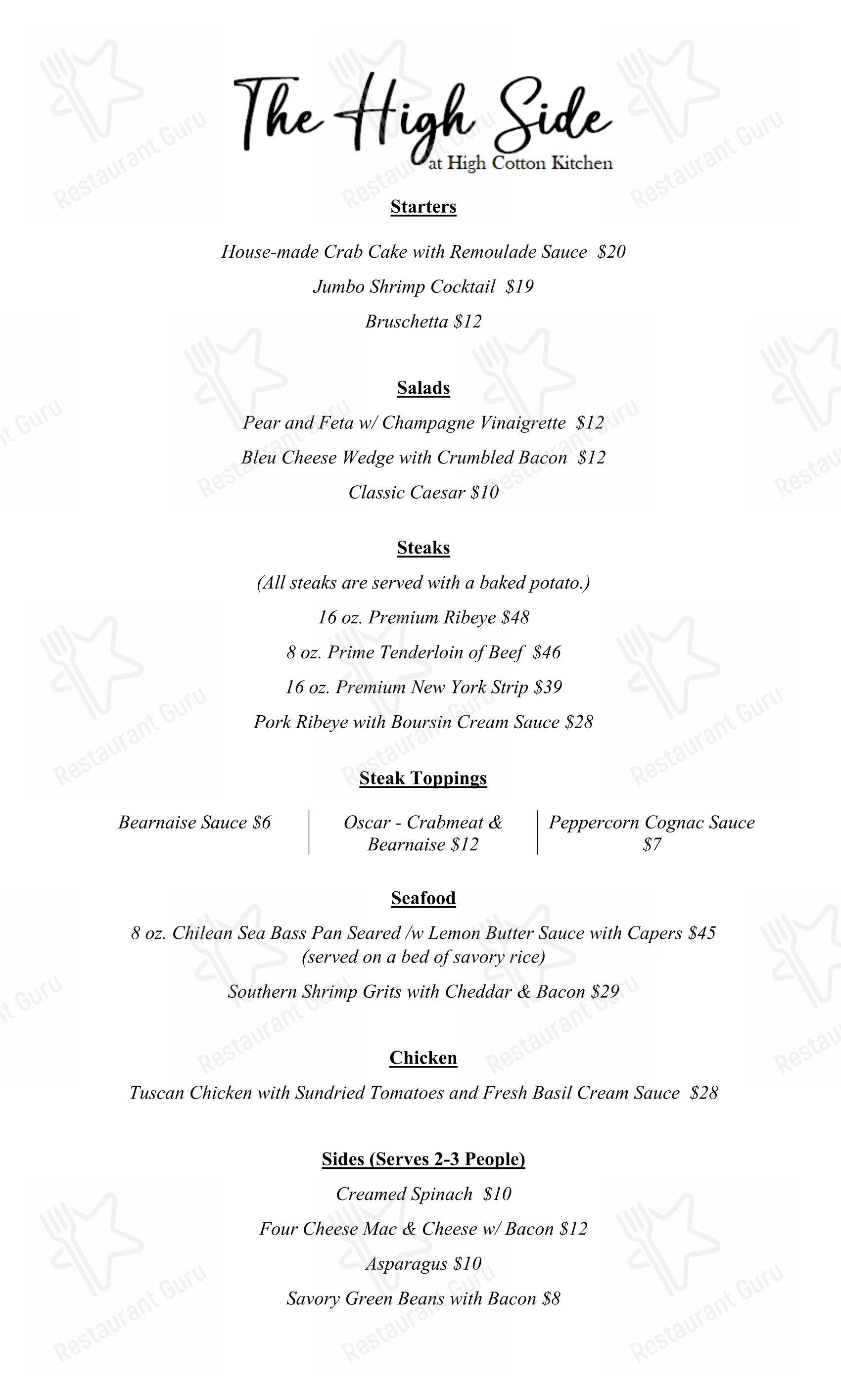 Menu at The High Side restaurant, Paris