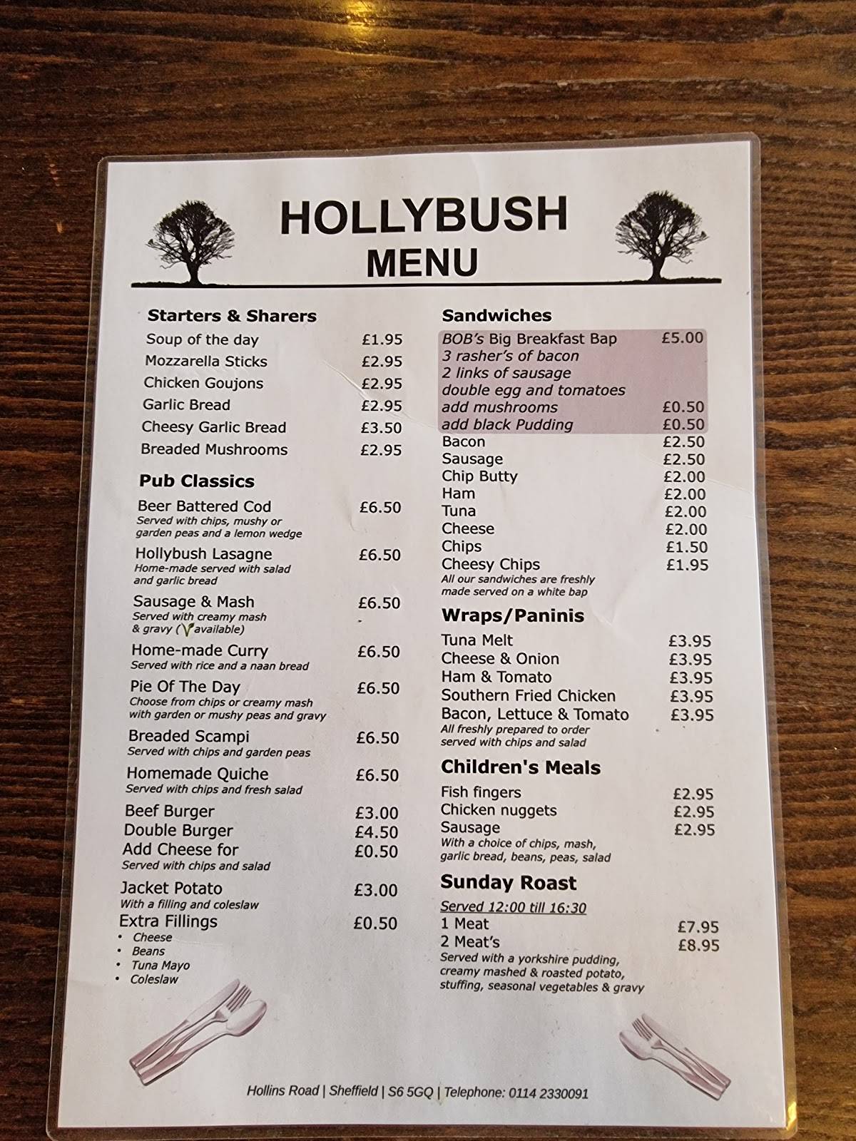 Menu at The Holly Bush pub & bar, Sheffield
