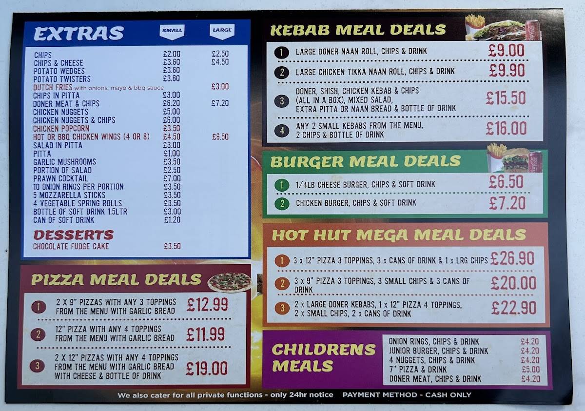 Menu at The Hot Hut pizzeria, Gayton, White house service station