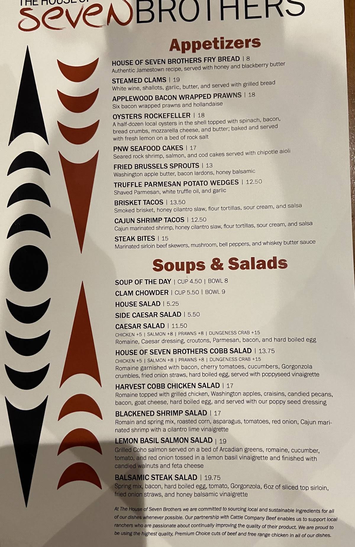 Menu at The House of Seven Brothers restaurant, Sequim