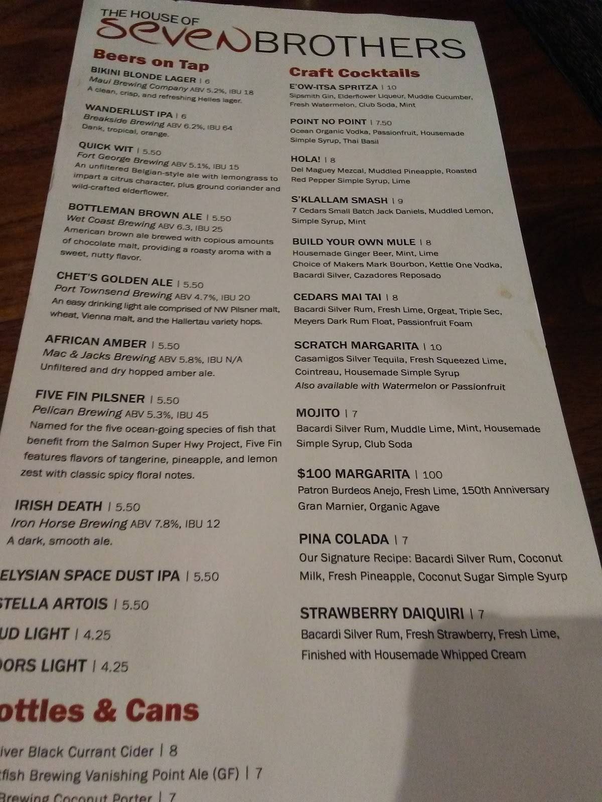 Menu at The House of Seven Brothers restaurant, Sequim