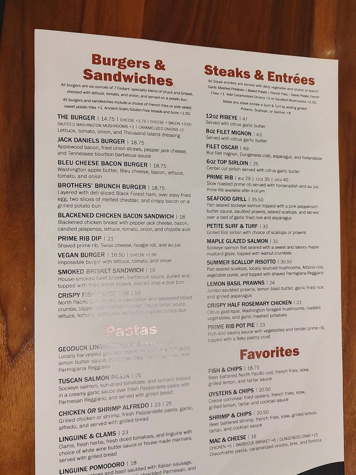 Menu at The House of Seven Brothers restaurant, Sequim