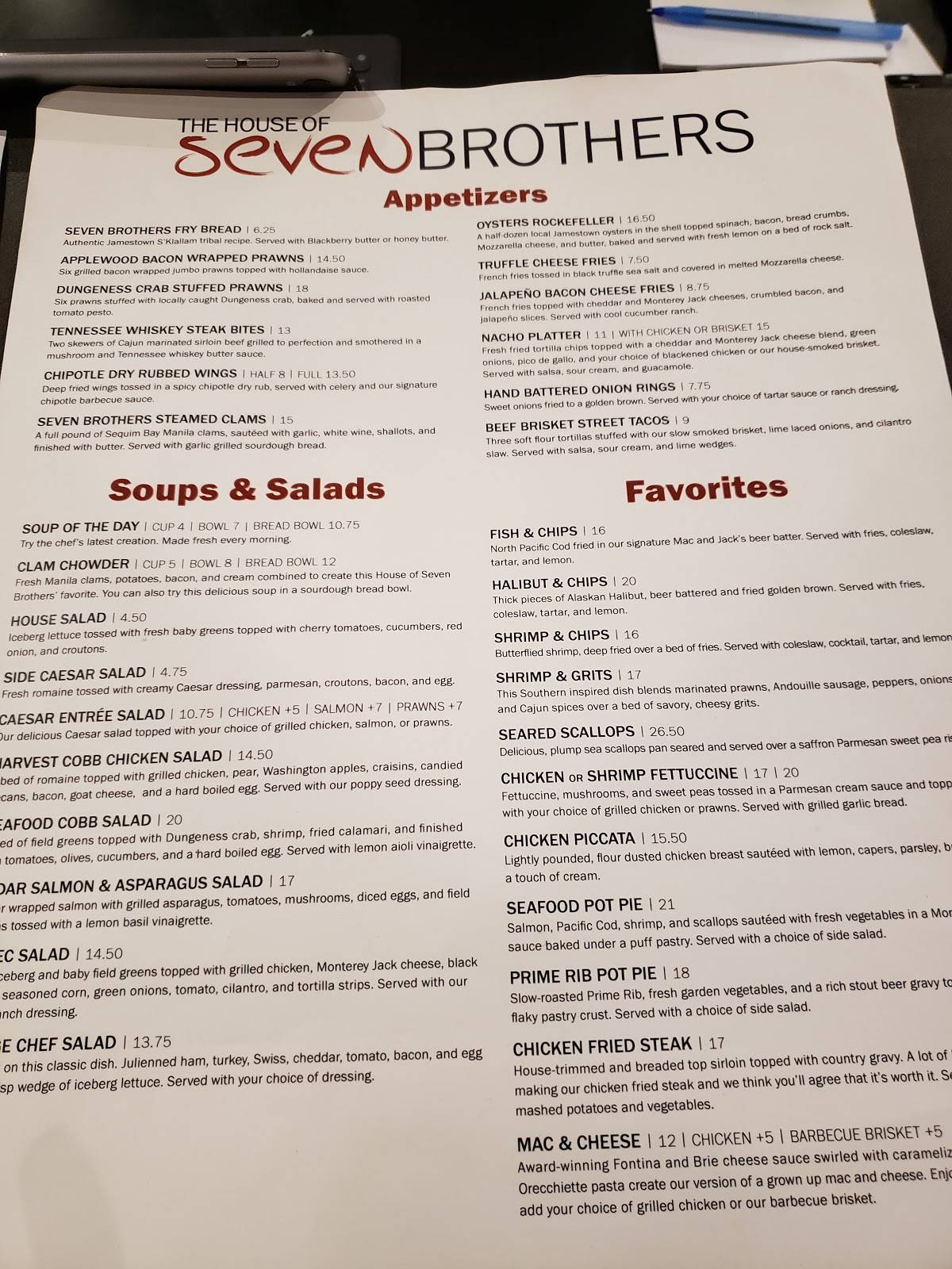 Menu at The House of Seven Brothers restaurant, Sequim