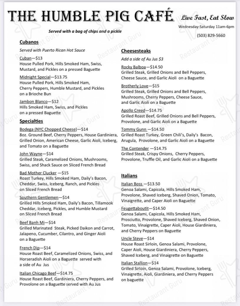 Menu at The Humble Pig Cafe, Molalla
