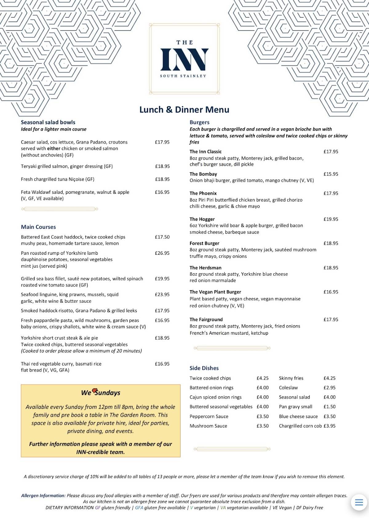 Menu at The Inn South Stainley restaurant, Harrogate, Ripon Rd