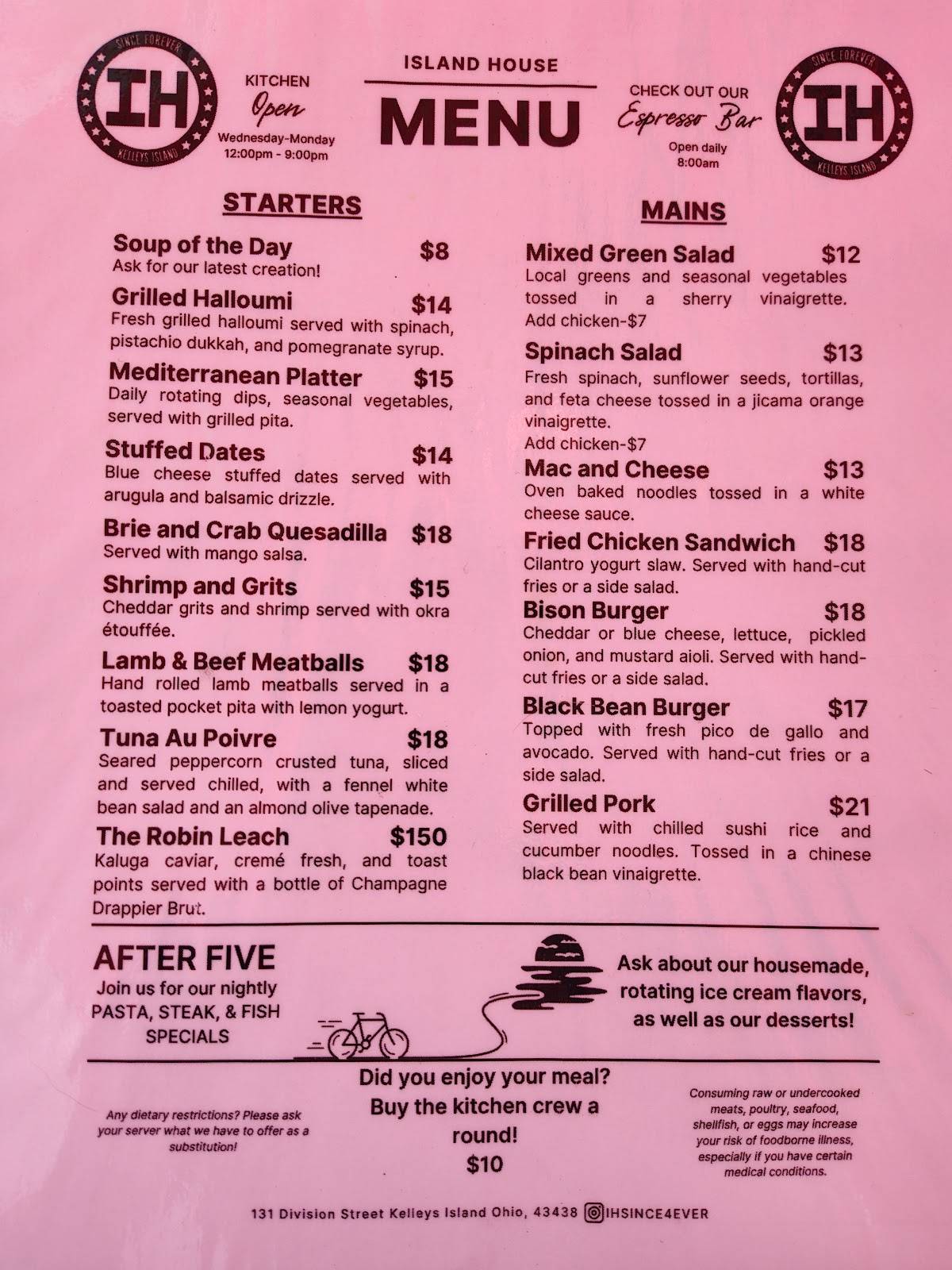 Menu at The Island House restaurant, Kelleys Island