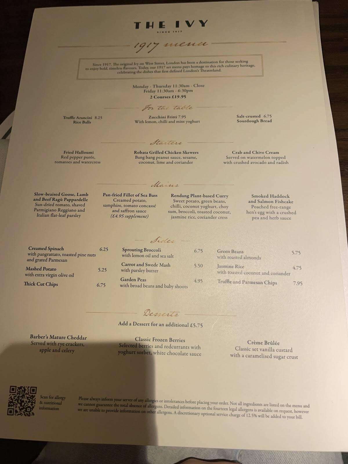Menu at The Ivy Cafe, London