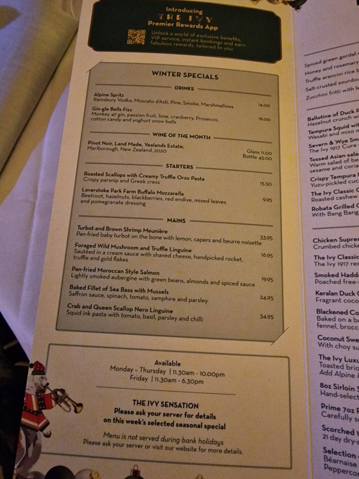 Menu at The Ivy Cardiff restaurant, Cardiff