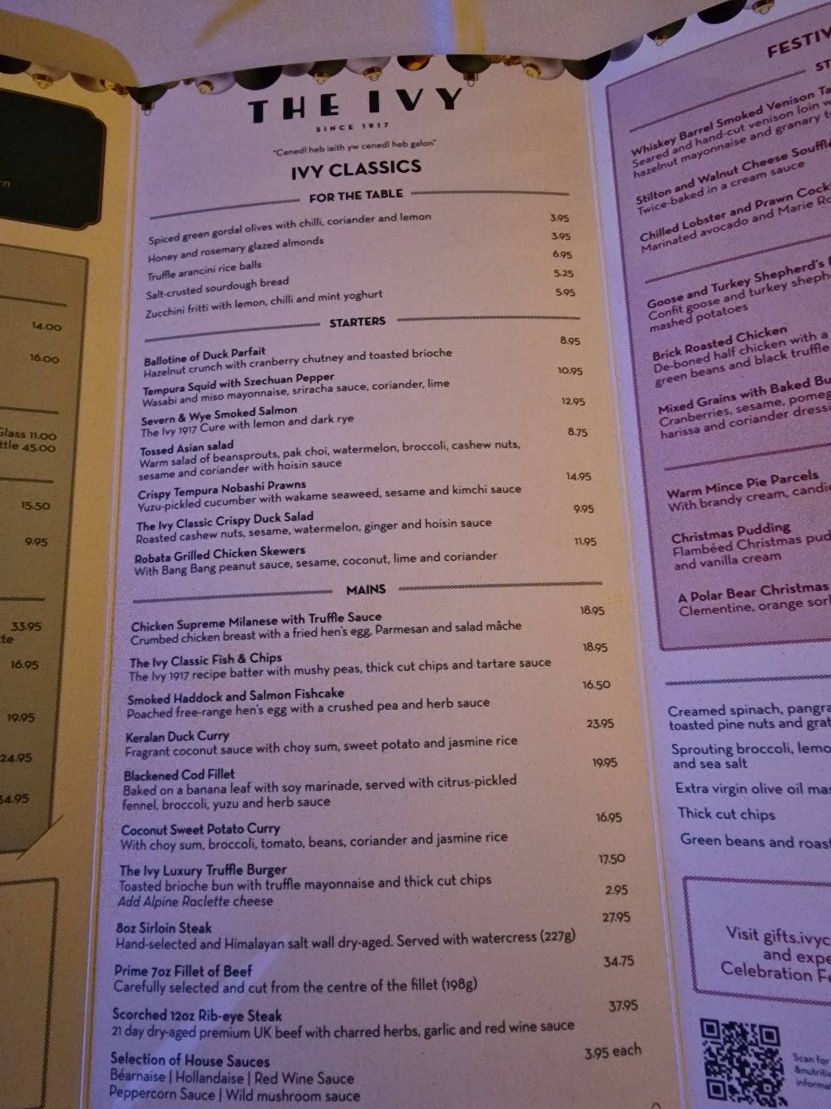 Menu at The Ivy Cardiff restaurant, Cardiff