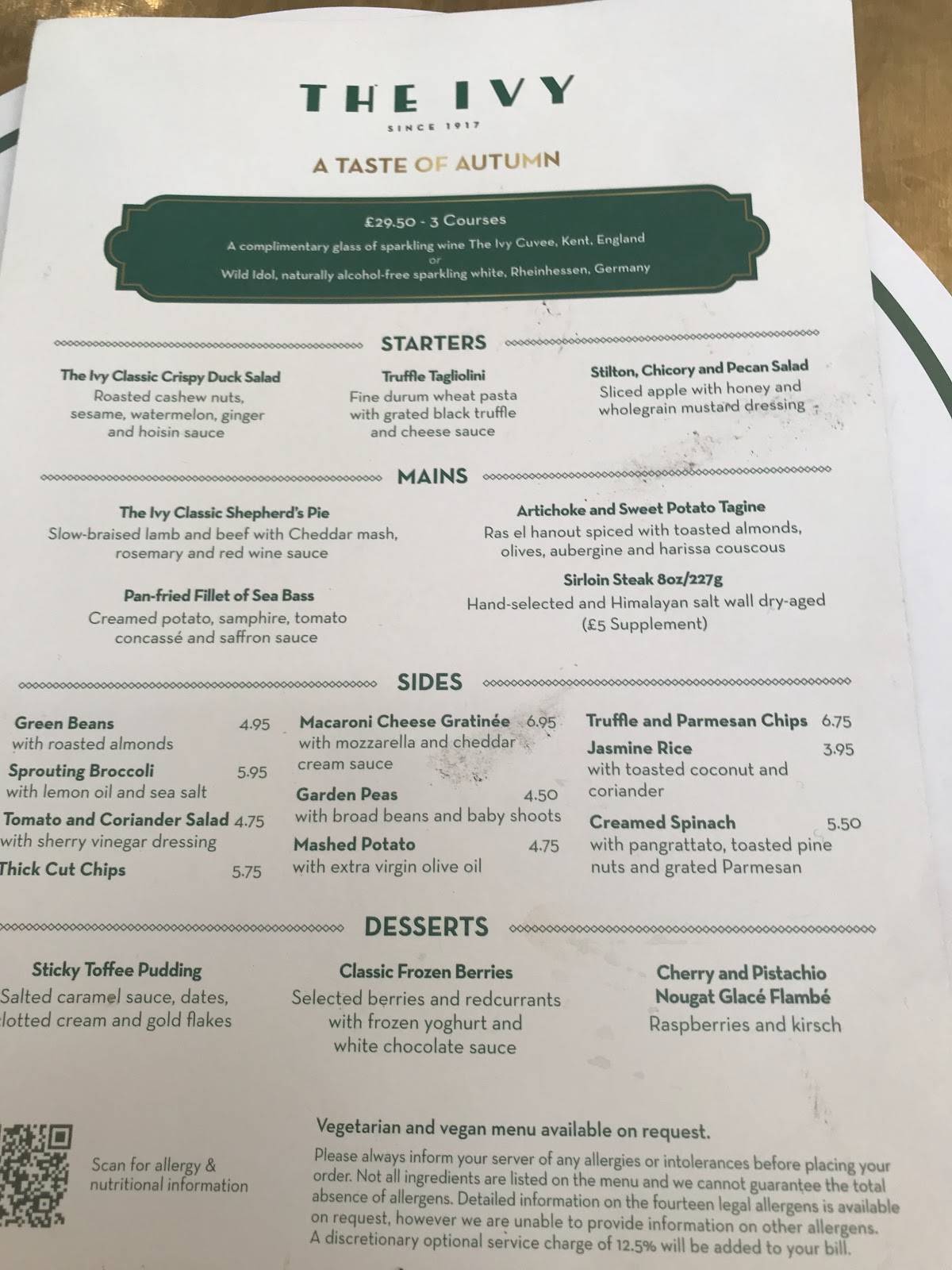 Menu at The Ivy Cardiff restaurant, Cardiff