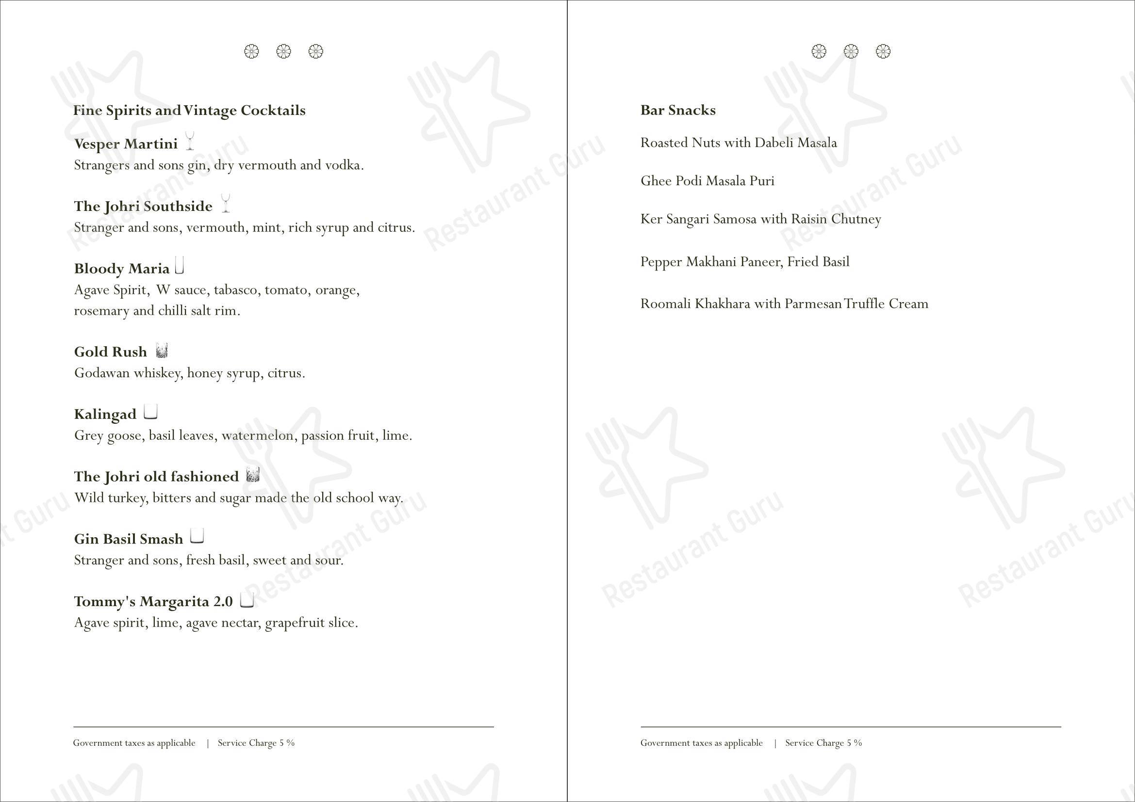 Menu at The Johri, Jaipur