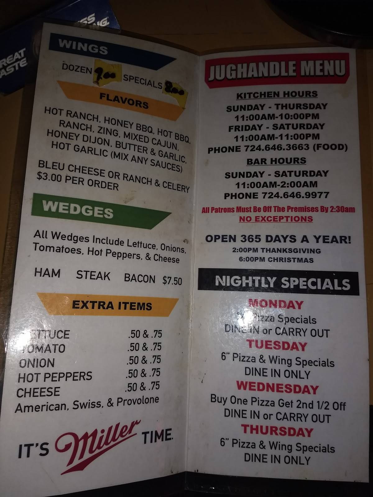 Menu at The Jug Handle restaurant, Transfer