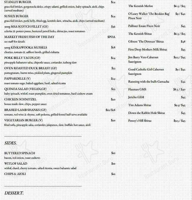 Menu at The Kentish Hotel pub & bar, North Adelaide