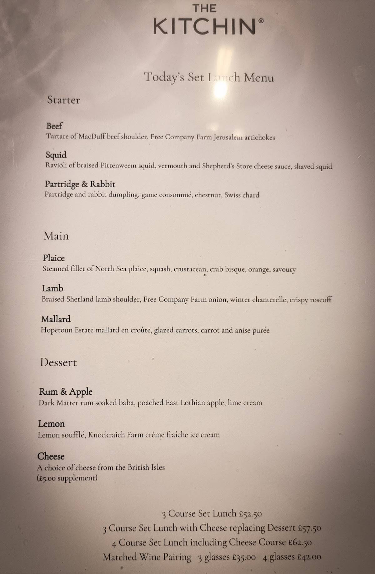 Menu at The Kitchin restaurant, Edinburgh