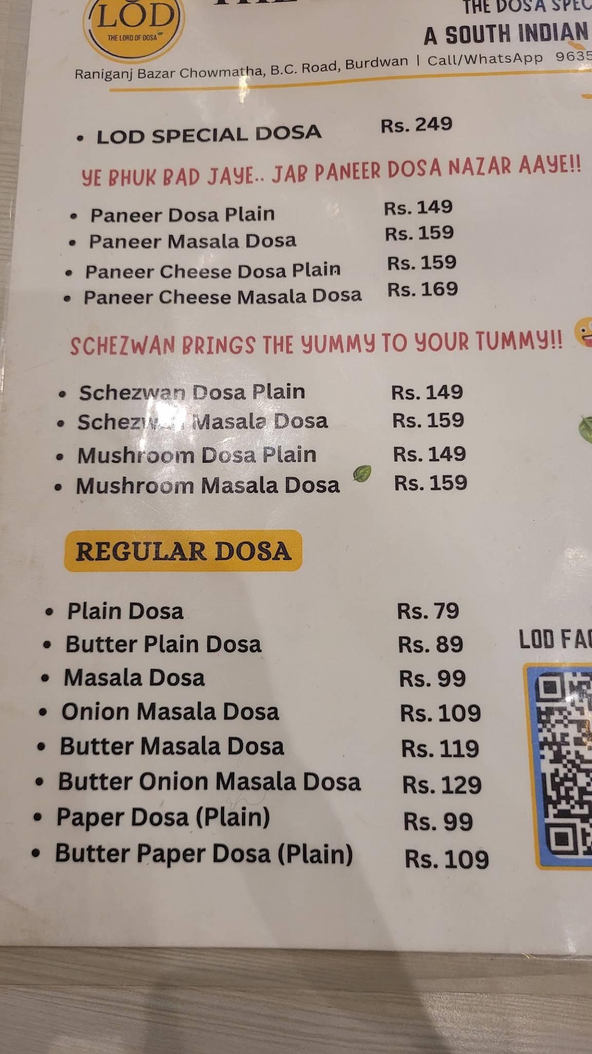Menu at The LORD of DOSA, Bardhaman