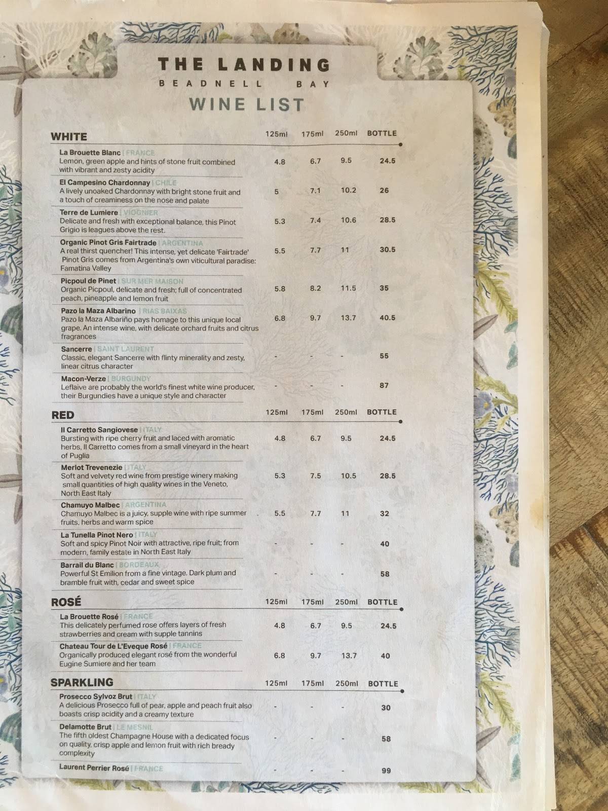 Menu at The Landing, Beadnell Bay pub & bar, Beadnell