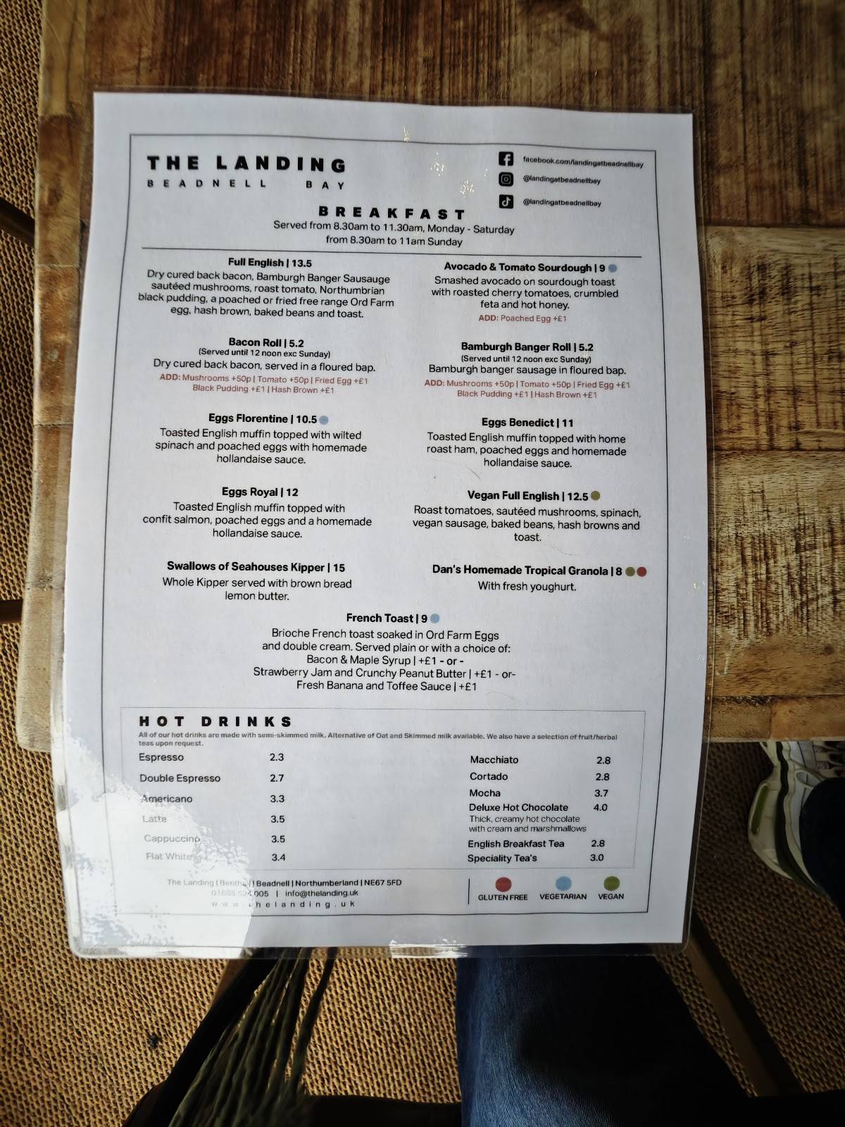 Menu at The Landing, Beadnell Bay pub & bar, Beadnell